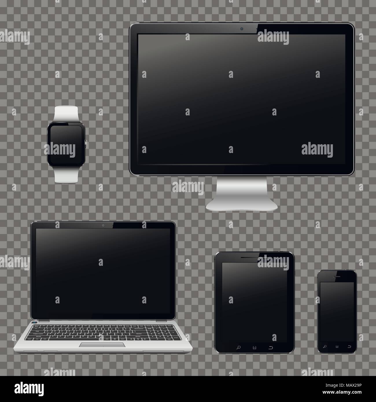 Computer monitor, laptop, tablet pc and mobile phone with blank screen ...