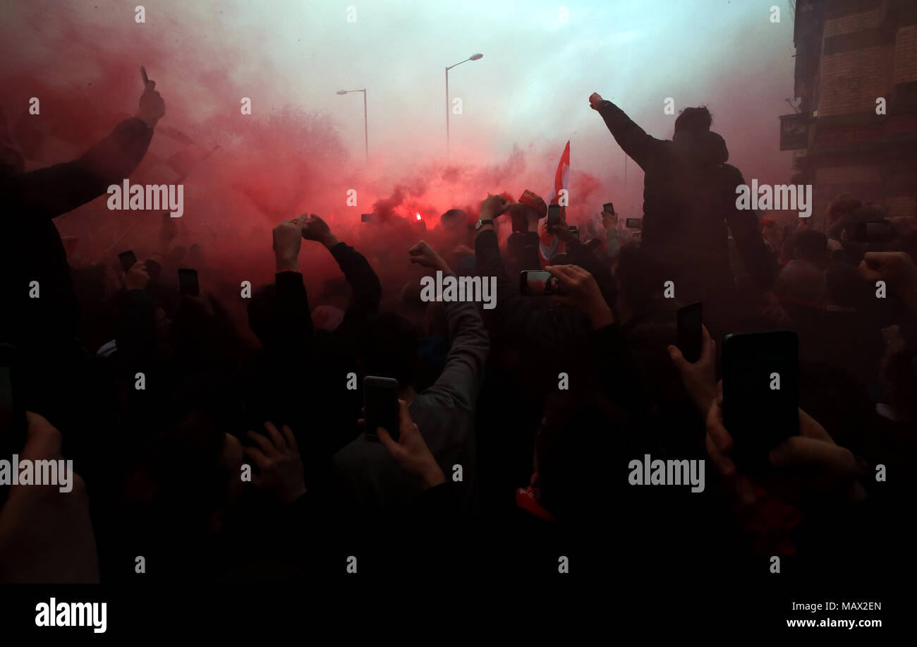 Fans let off flares as the teams arrive for the UEFA Champions League ...