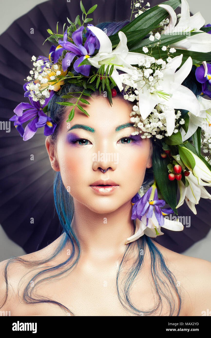 Floral Portrait of Beautiful Model Woman with Vivid Flowers and Fashion ...