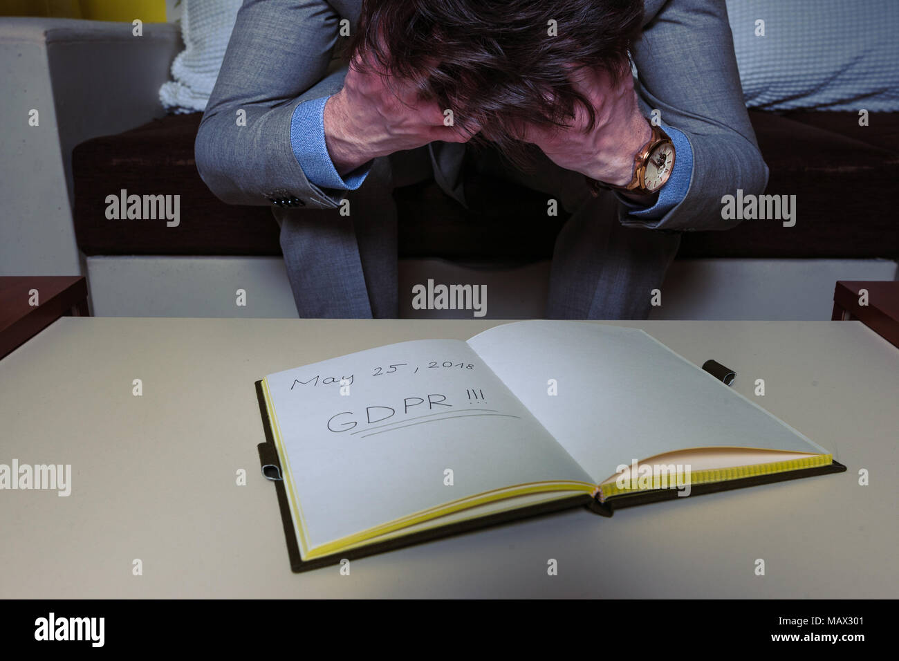 Nervous business man with GDPR (General Data Protection Regulation) act ...