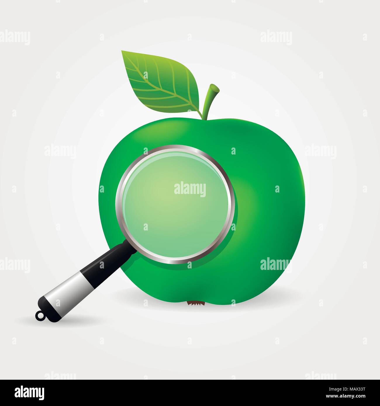 Green apple under magnifying glass. Isolated on a white background ...