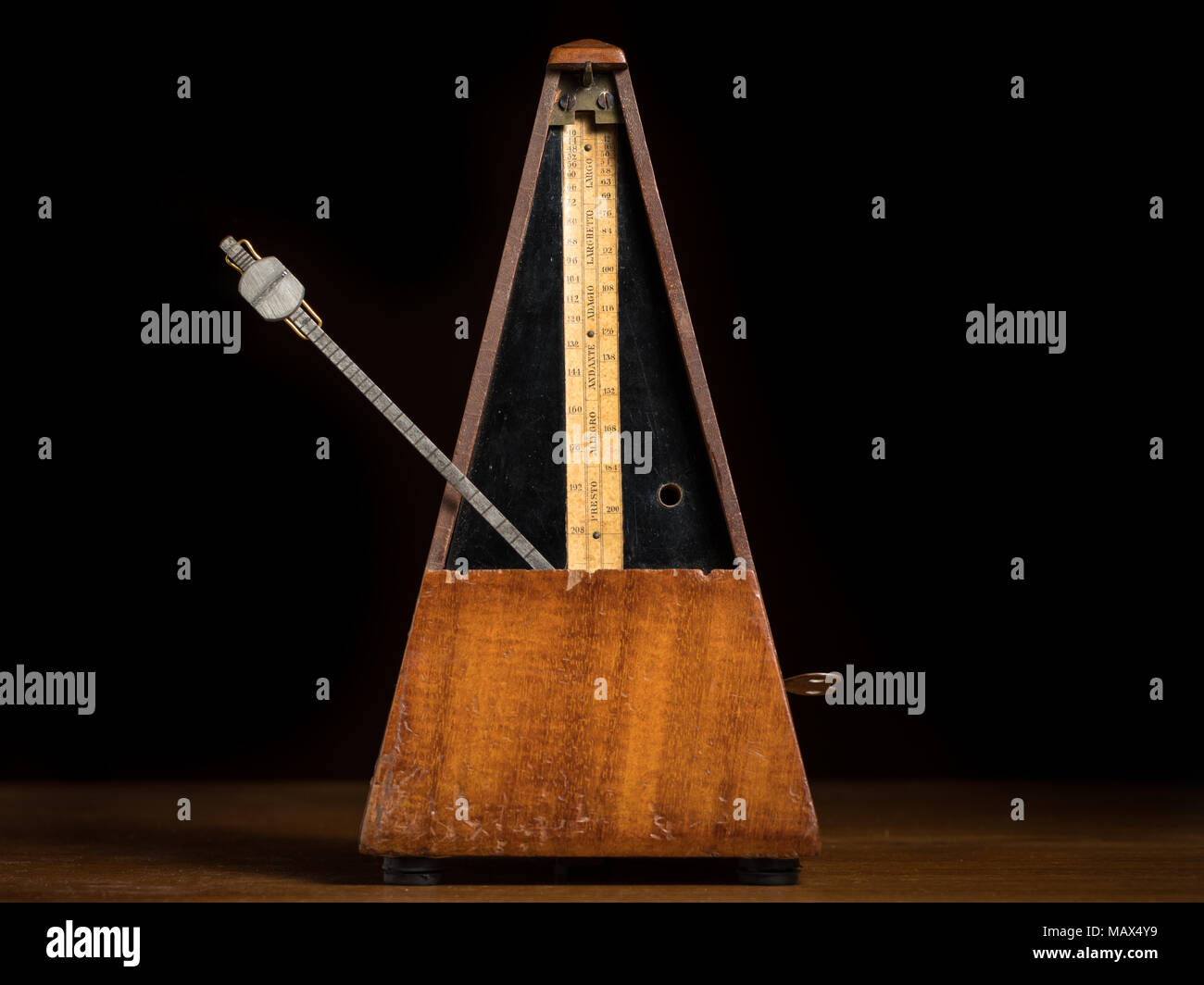 Detail of an old mechanic musical metronome, scale showing the various ...