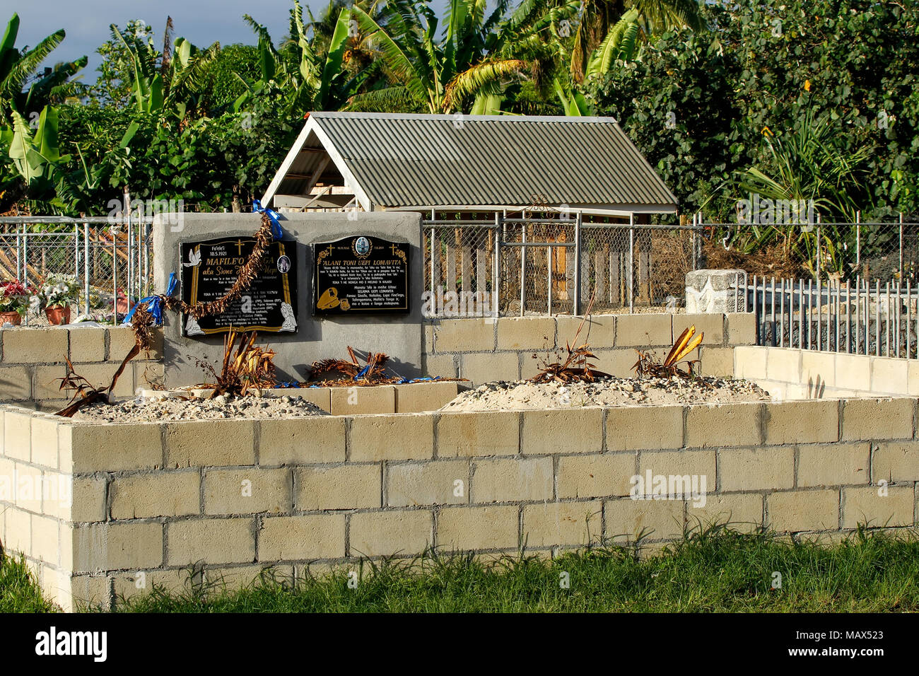 Traditional graveyard on Tongatapu island, Tonga. Tonga is a Polynesian ...