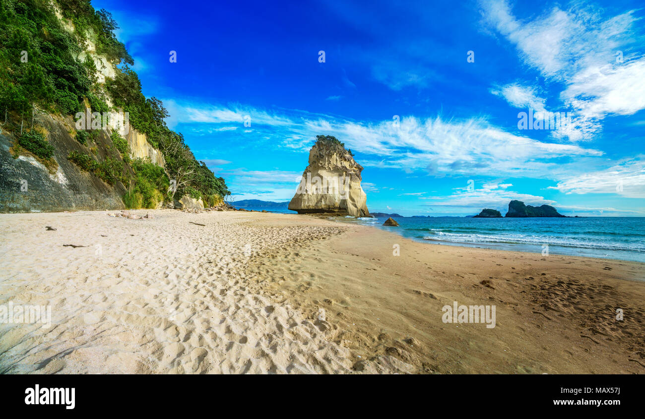 mighty sandstone rock monolith in the water of cathedral cove beach ...