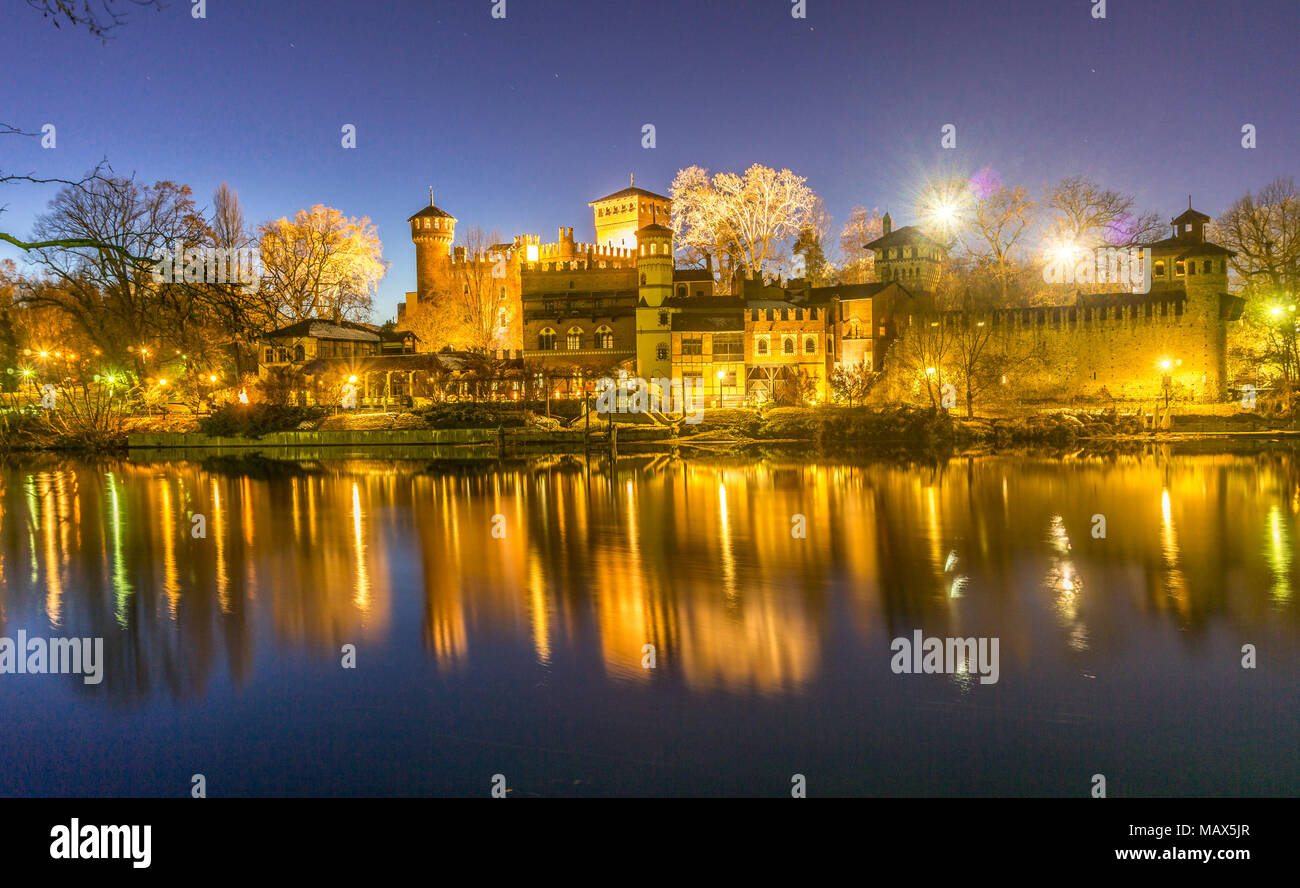 Castle at the park of valentino in turin. Panorama of Turin witj Po ...