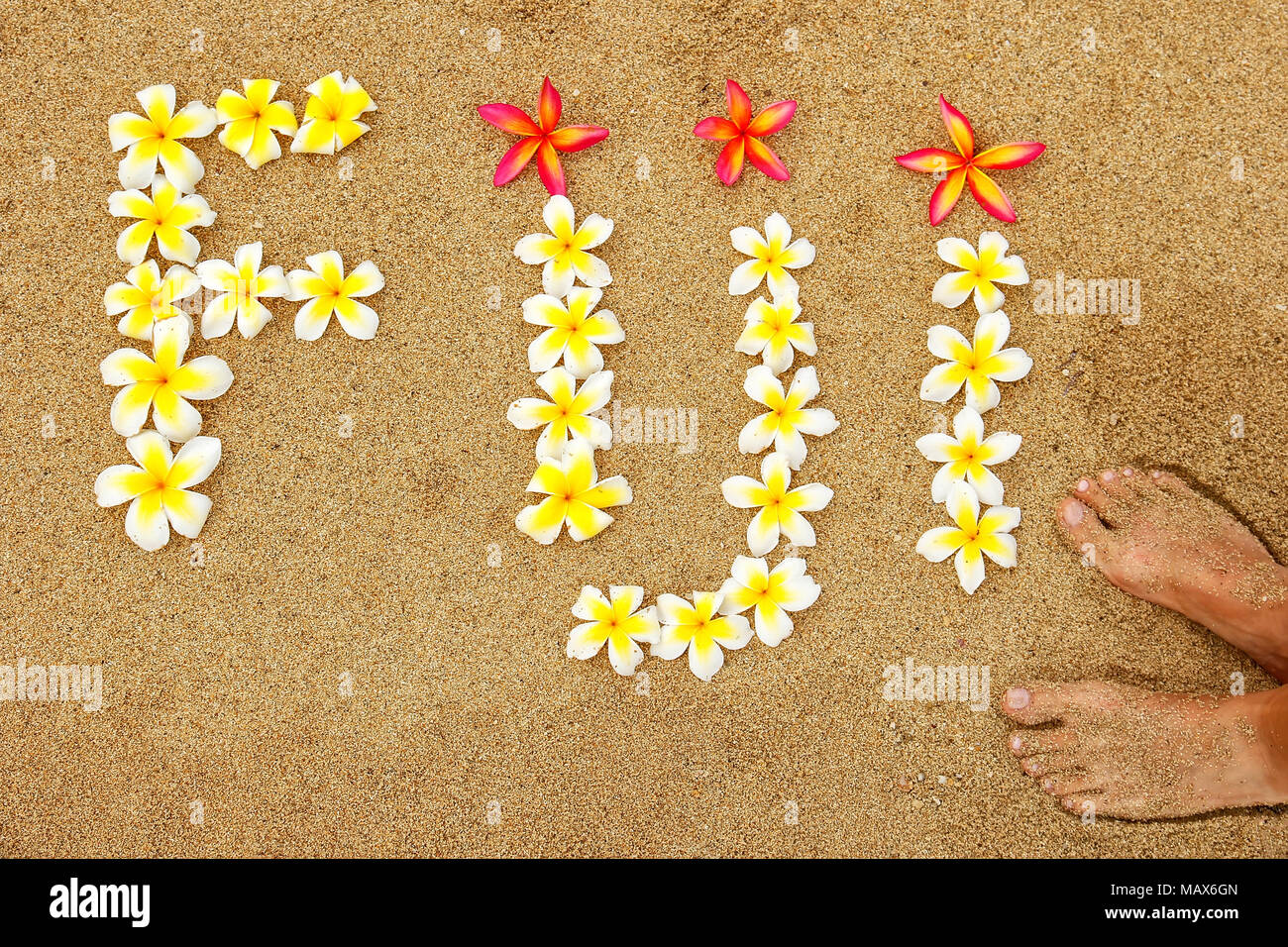 Word Fiji written on a beach with plumeria flowers - travel concept ...