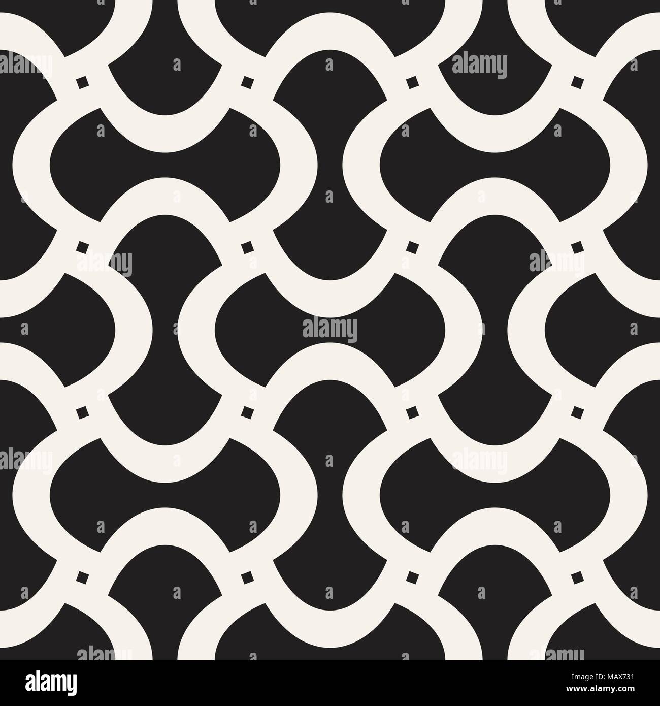 Vector geometric seamless pattern with curved shapes grid. Abstract monochrome rounded lattice ...