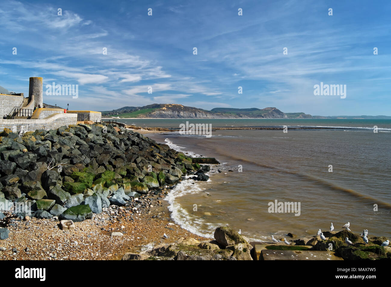 UK,Dorset,Lyme Regis,Gun Cliff Walk & Church Cliff Beach looking across ...