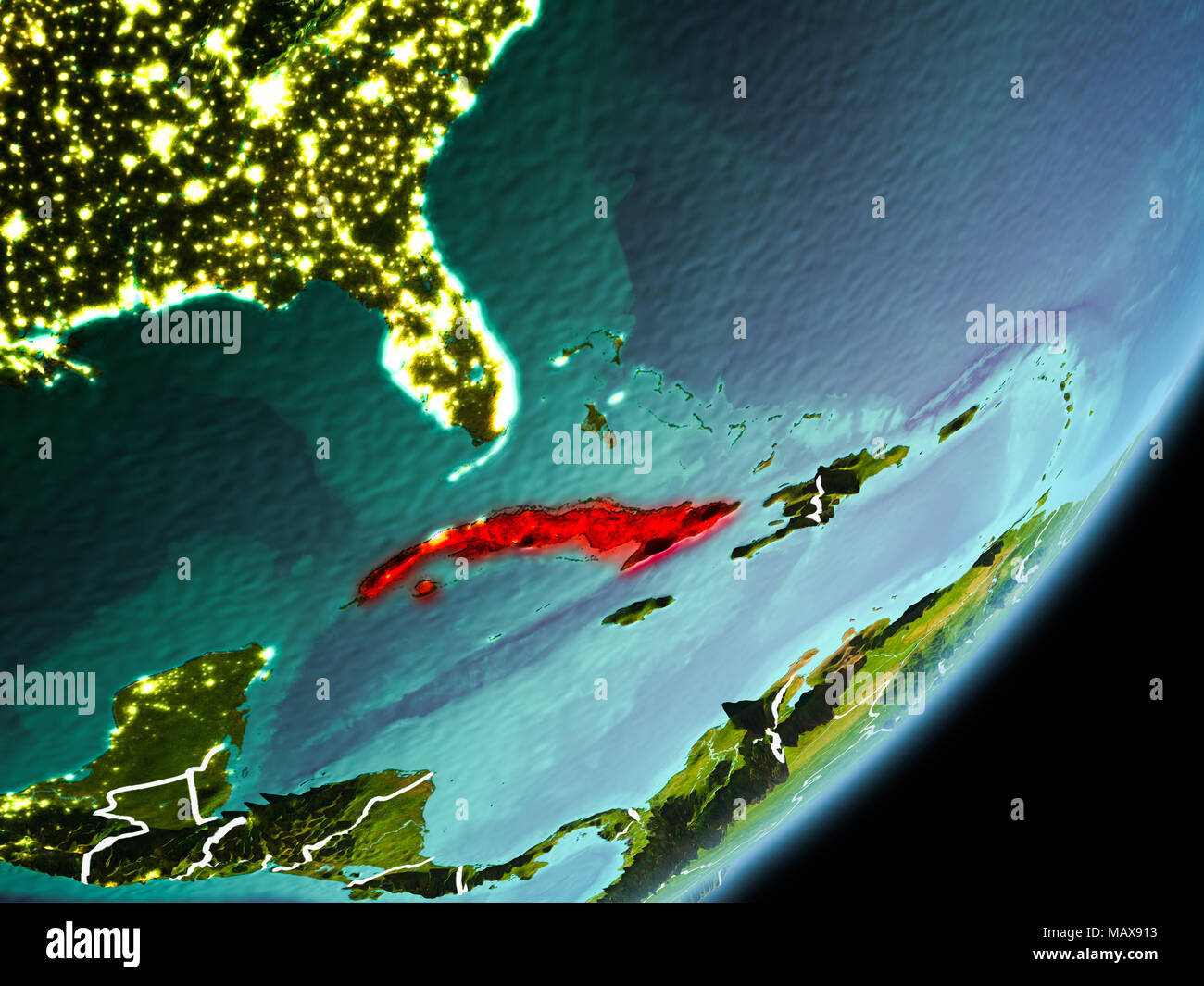 Cuba in early morning light highlighted in red on planet Earth with ...