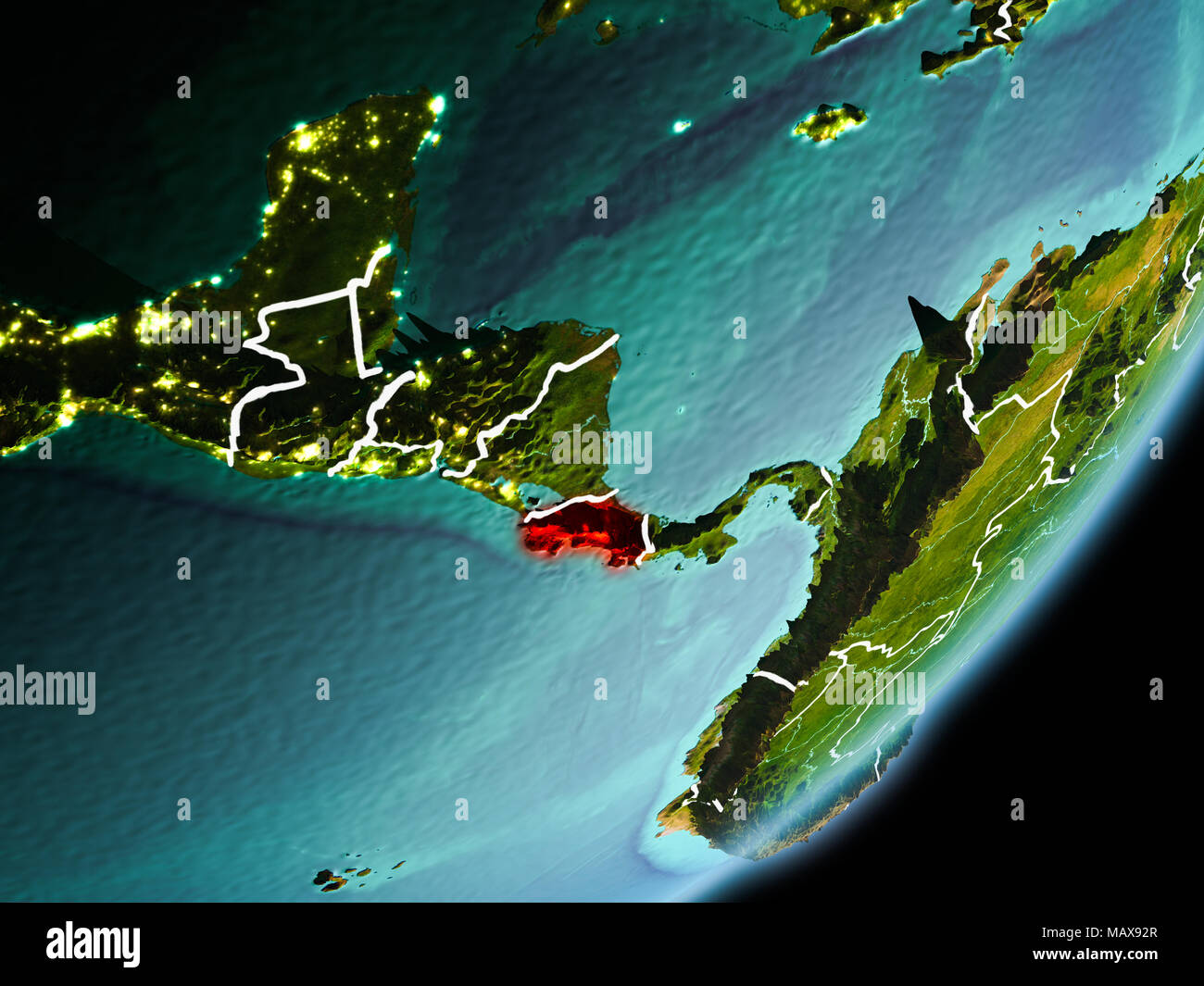Costa Rica in early morning light highlighted in red on planet Earth ...