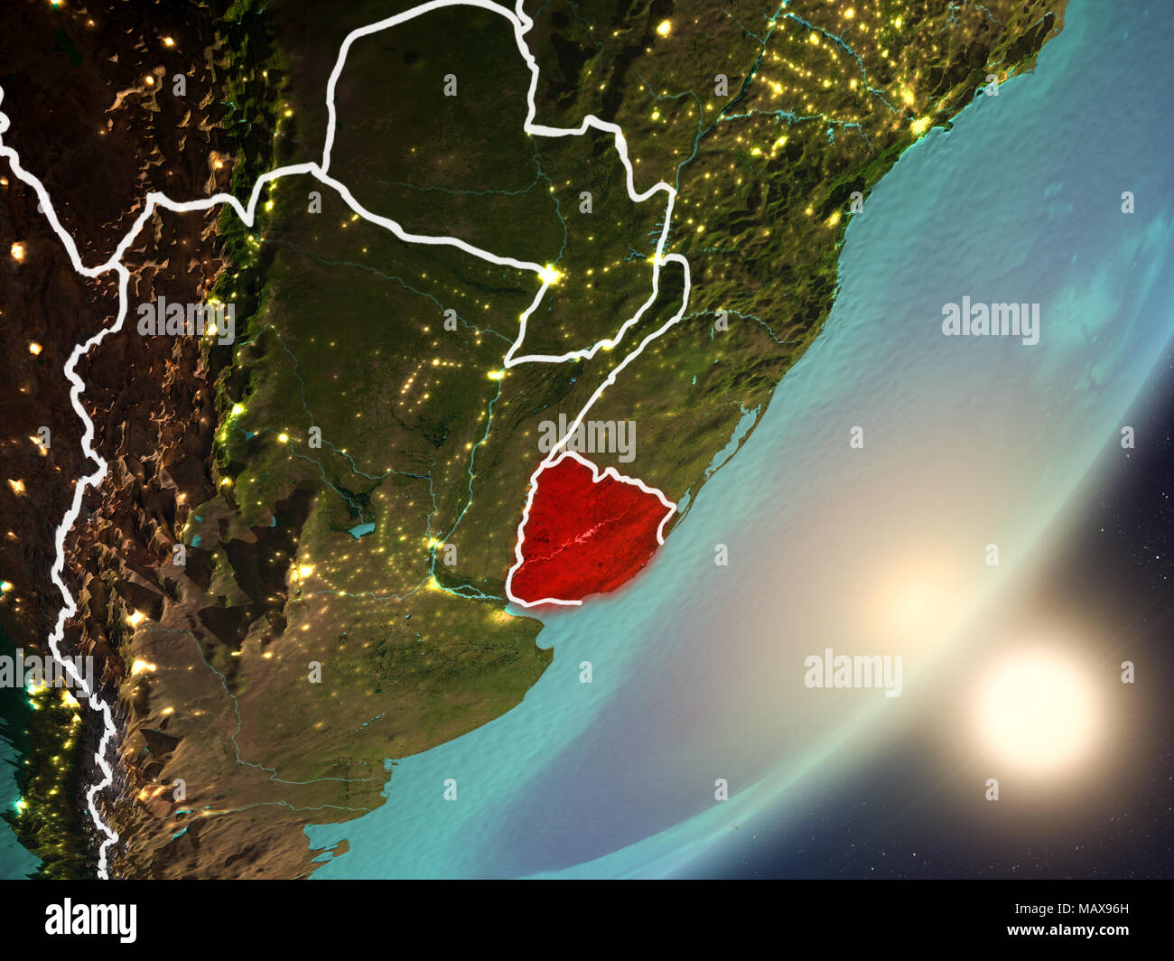 Uruguay from space with highly detailed surface textures and visible ...