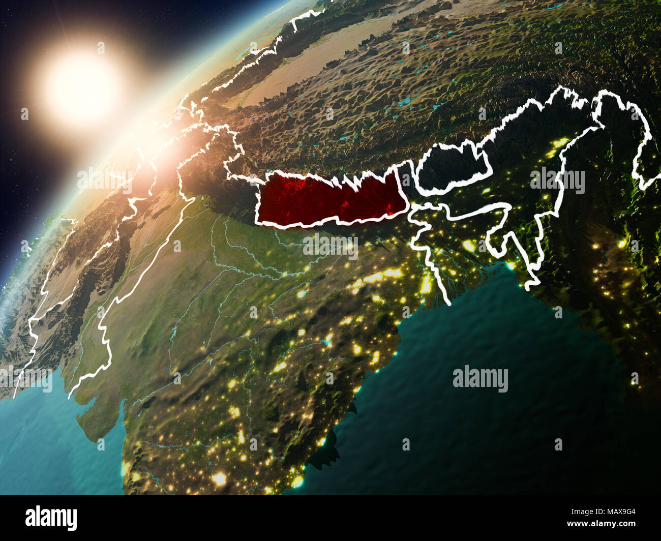 Nepal during sunset highlighted in red on planet Earth with visible ...