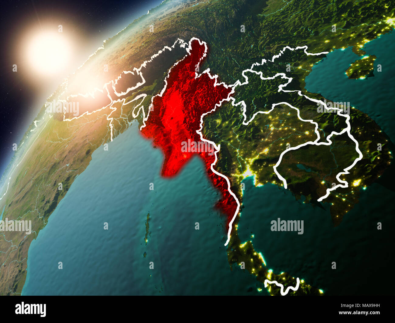 Myanmar during sunset highlighted in red on planet Earth with visible ...
