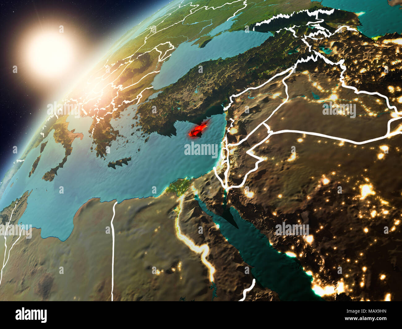 Cyprus during sunset highlighted in red on planet Earth with visible ...