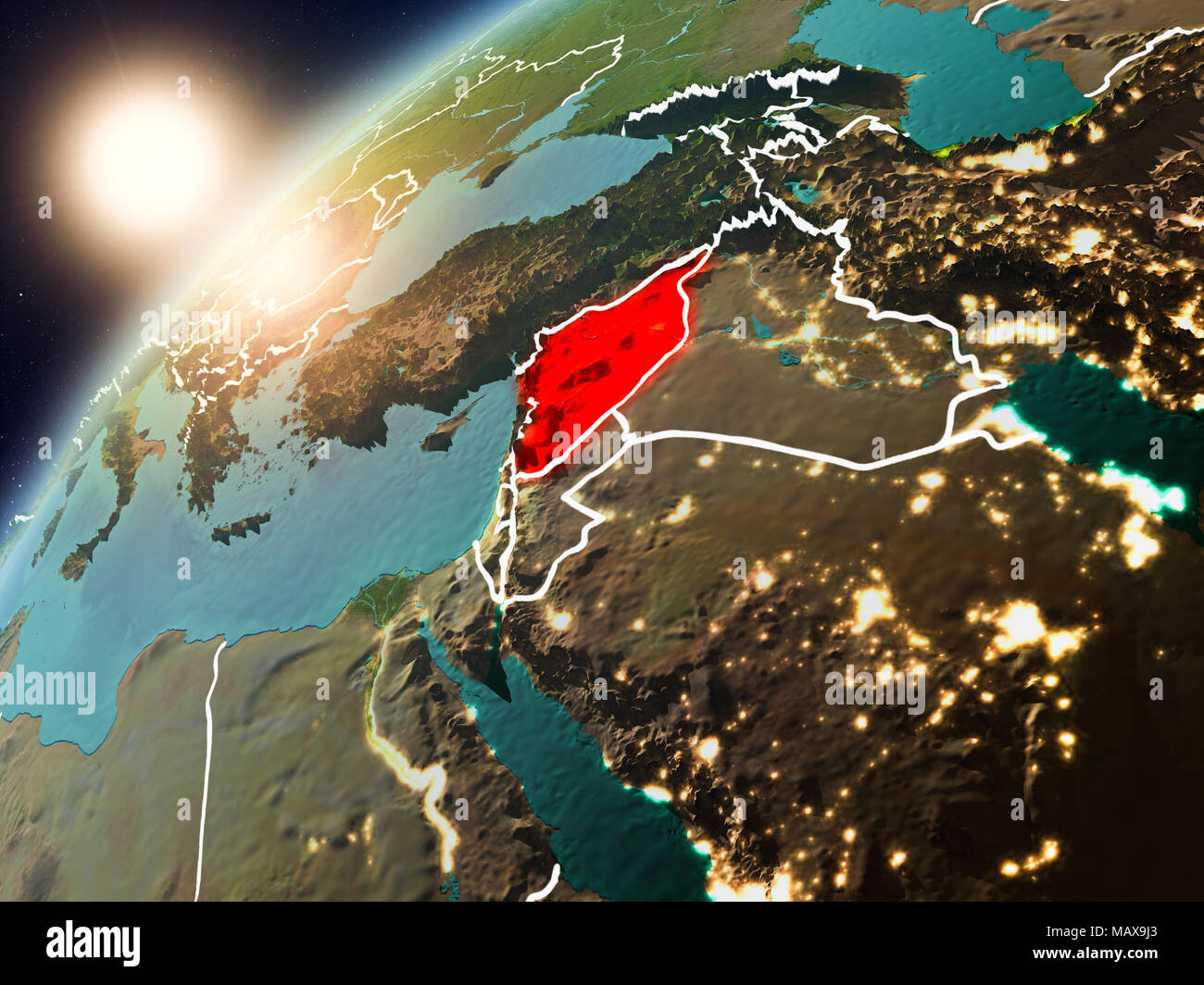 Syria during sunset highlighted in red on planet Earth with visible ...