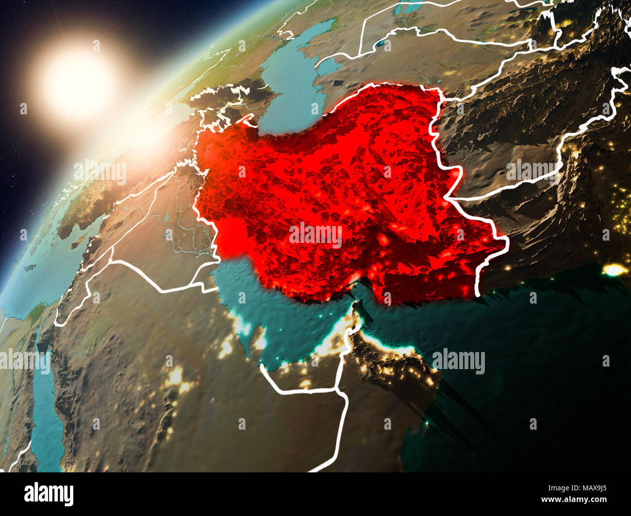Iran during sunset highlighted in red on planet Earth with visible ...