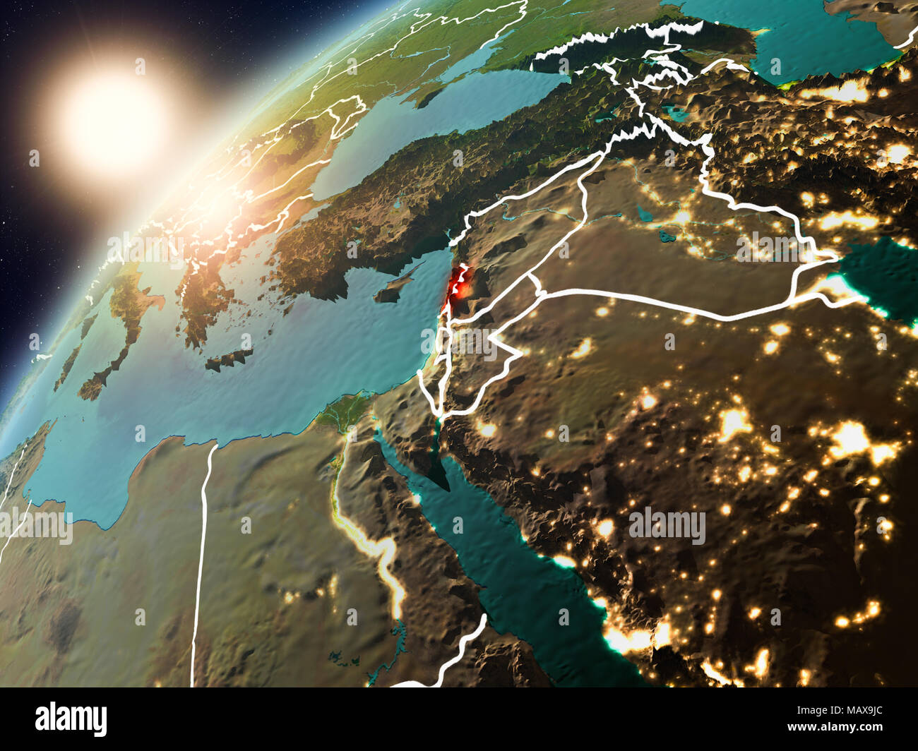 Lebanon during sunset highlighted in red on planet Earth with visible ...