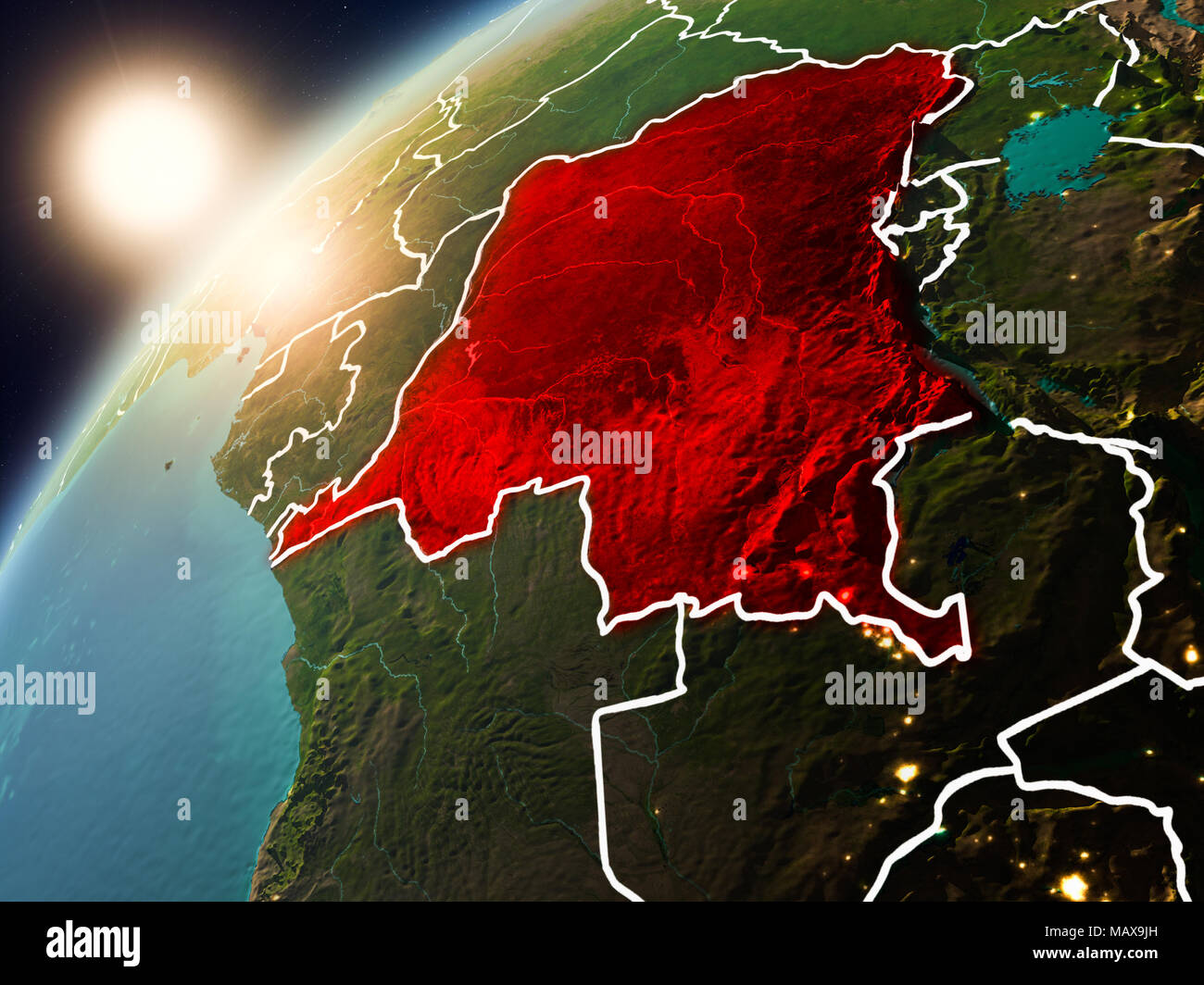 Democratic Republic of Congo during sunset highlighted in red on planet ...