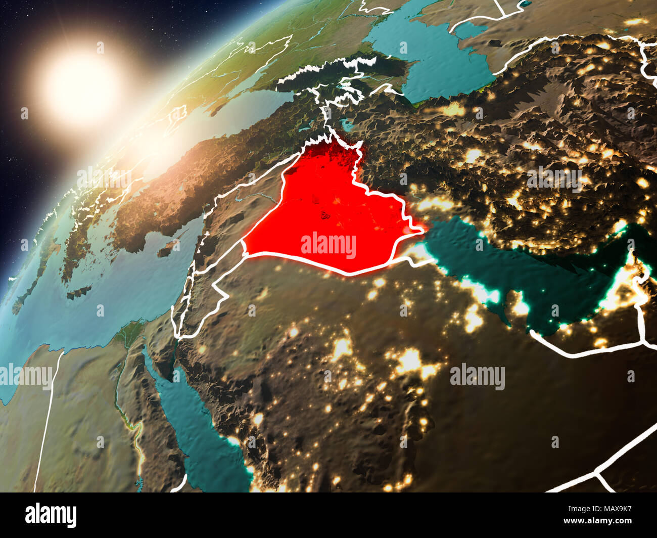 Iraq during sunset highlighted in red on planet Earth with visible country borders. 3D ...