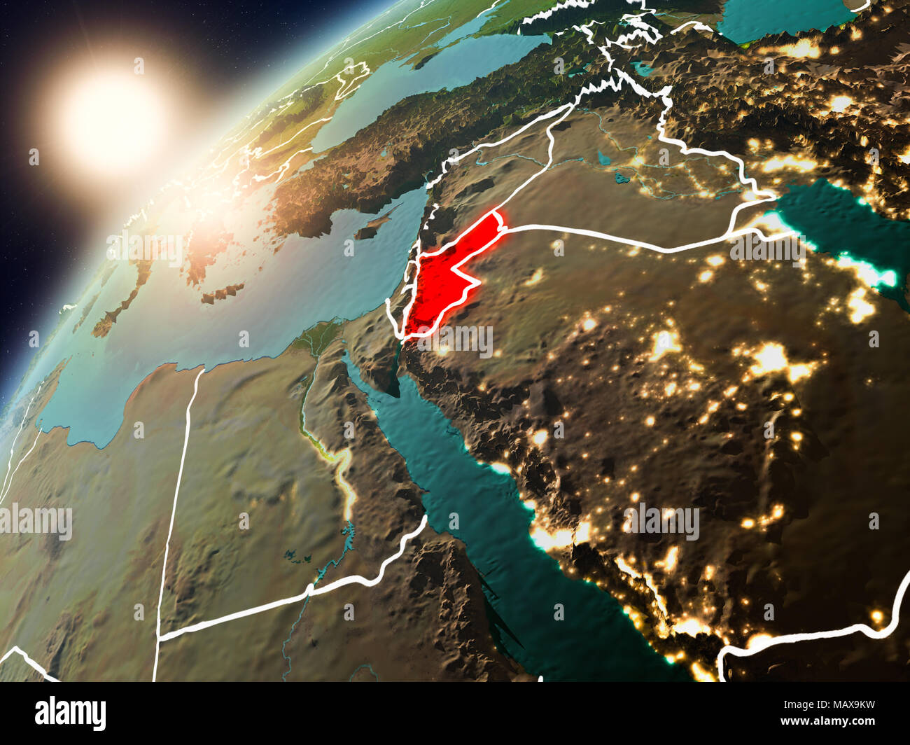 Jordan during sunset highlighted in red on planet Earth with visible ...