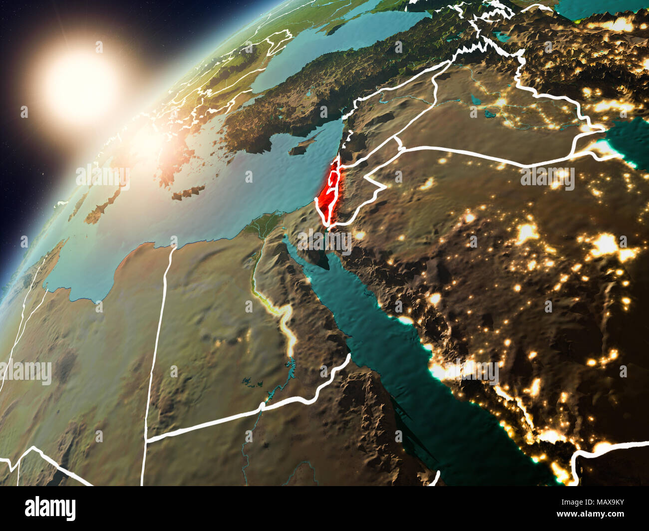 Israel during sunset highlighted in red on planet Earth with visible ...