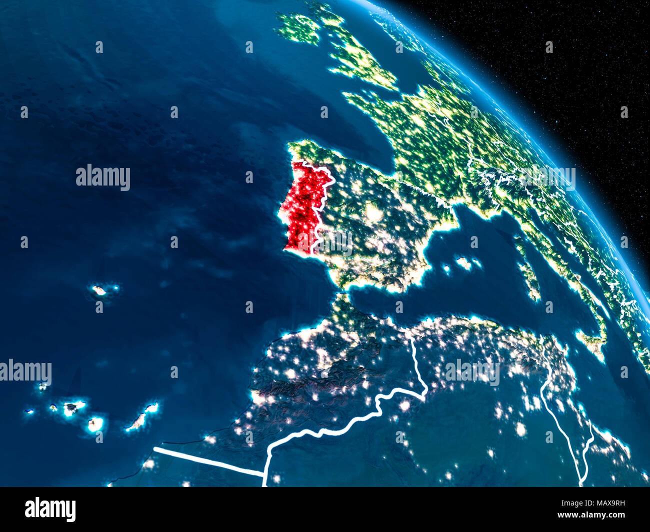 Satellite view of Portugal highlighted in red on planet Earth at night with borderlines and city ...