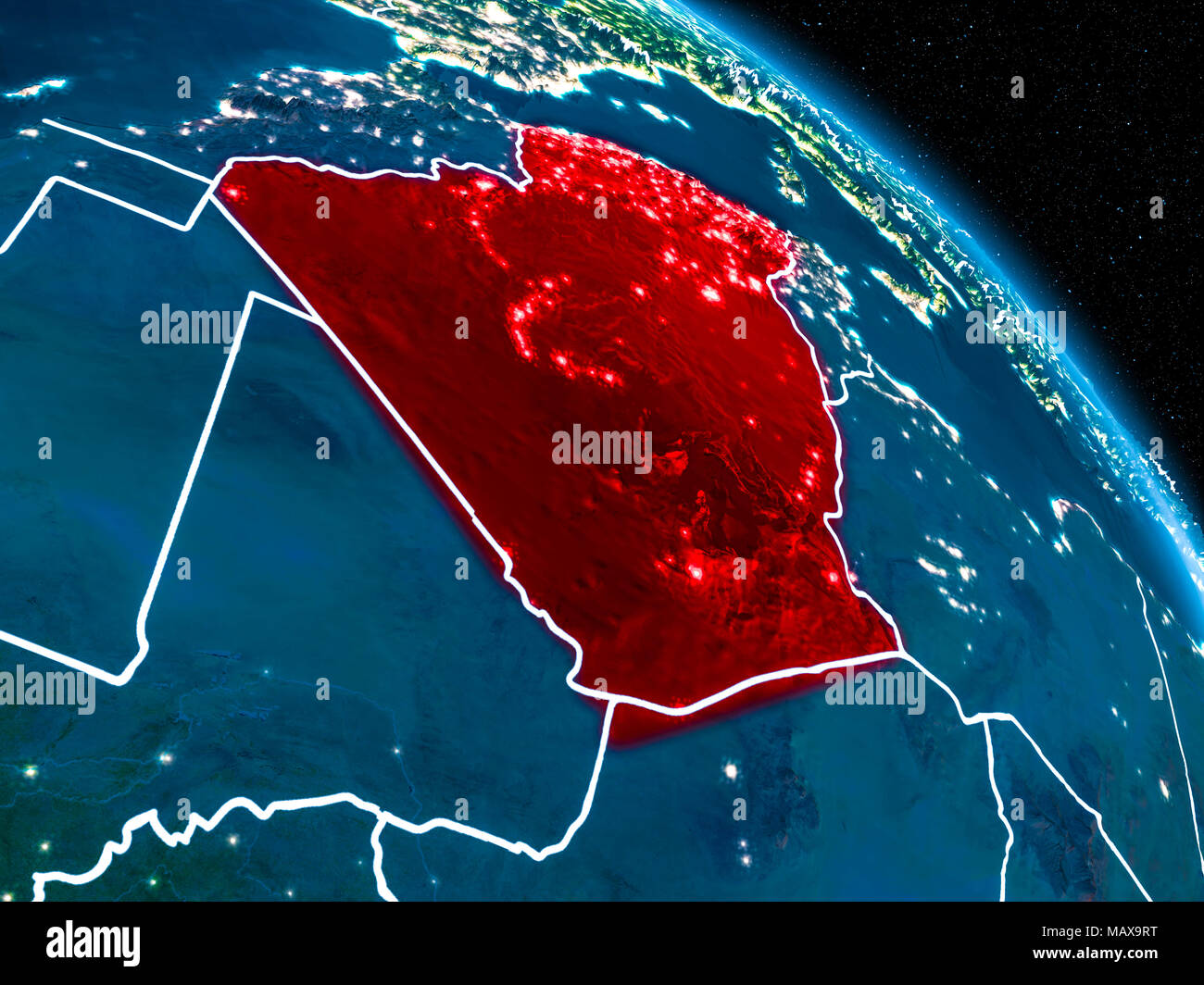 Satellite view of Algeria highlighted in red on planet Earth at night with borderlines and city ...