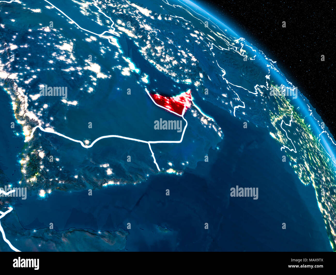 Satellite view of United Arab Emirates highlighted in red on planet ...