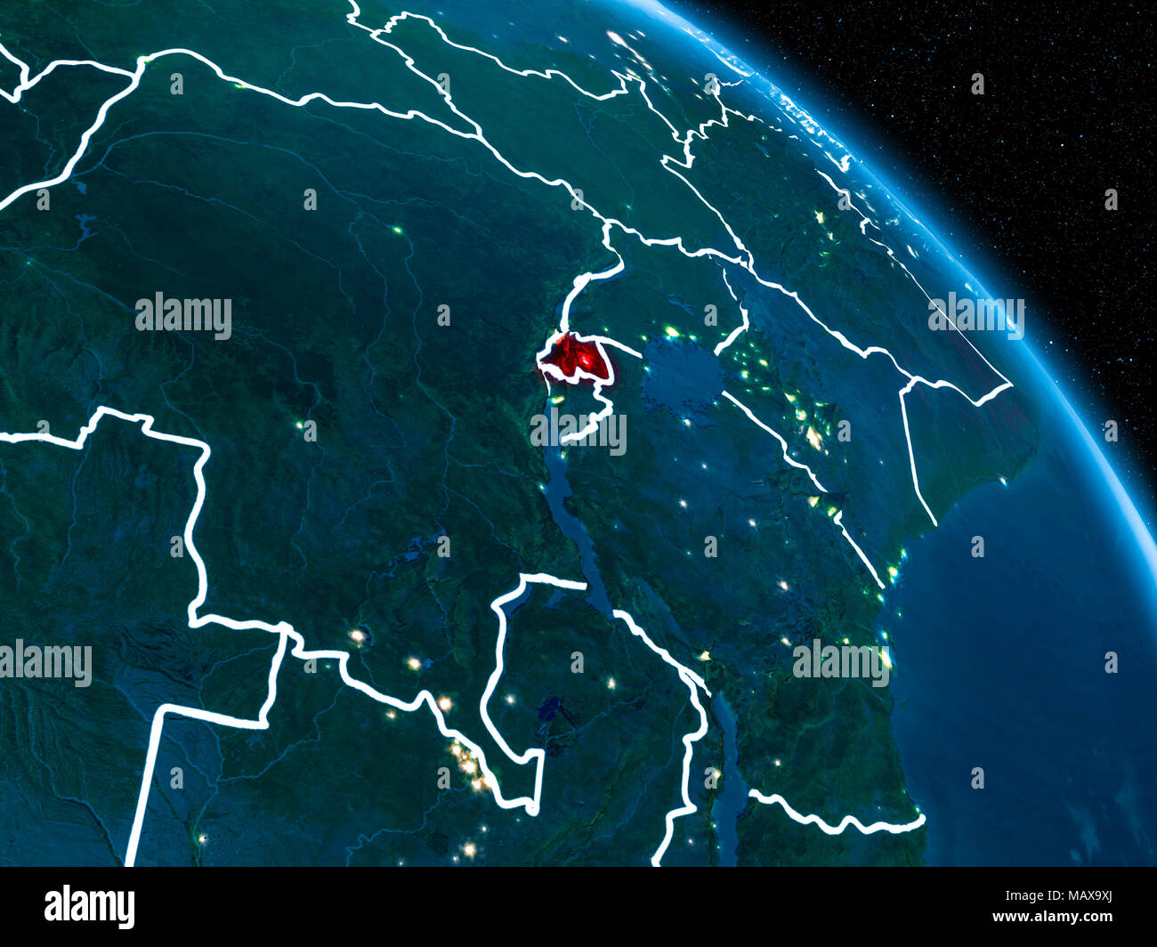 Satellite view of Rwanda highlighted in red on planet Earth at night with borderlines and city ...