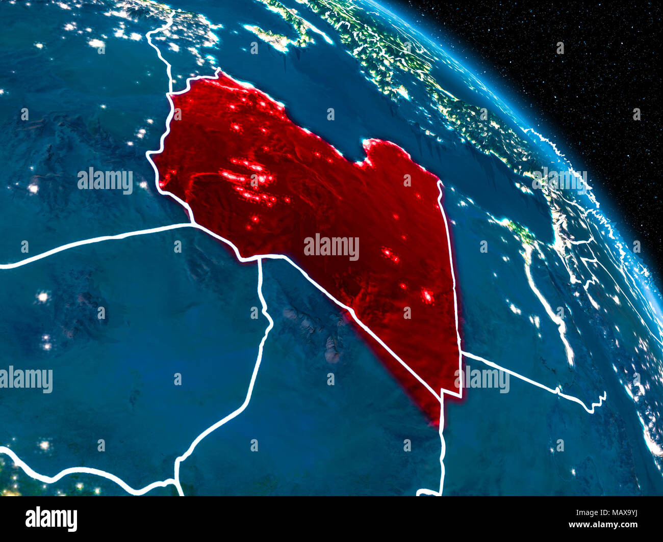 Satellite view of Libya highlighted in red on planet Earth at night ...