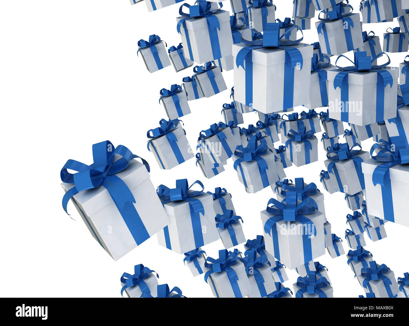 Flying isolated gift boxes blue ribbon white background Stock Photo - Alamy