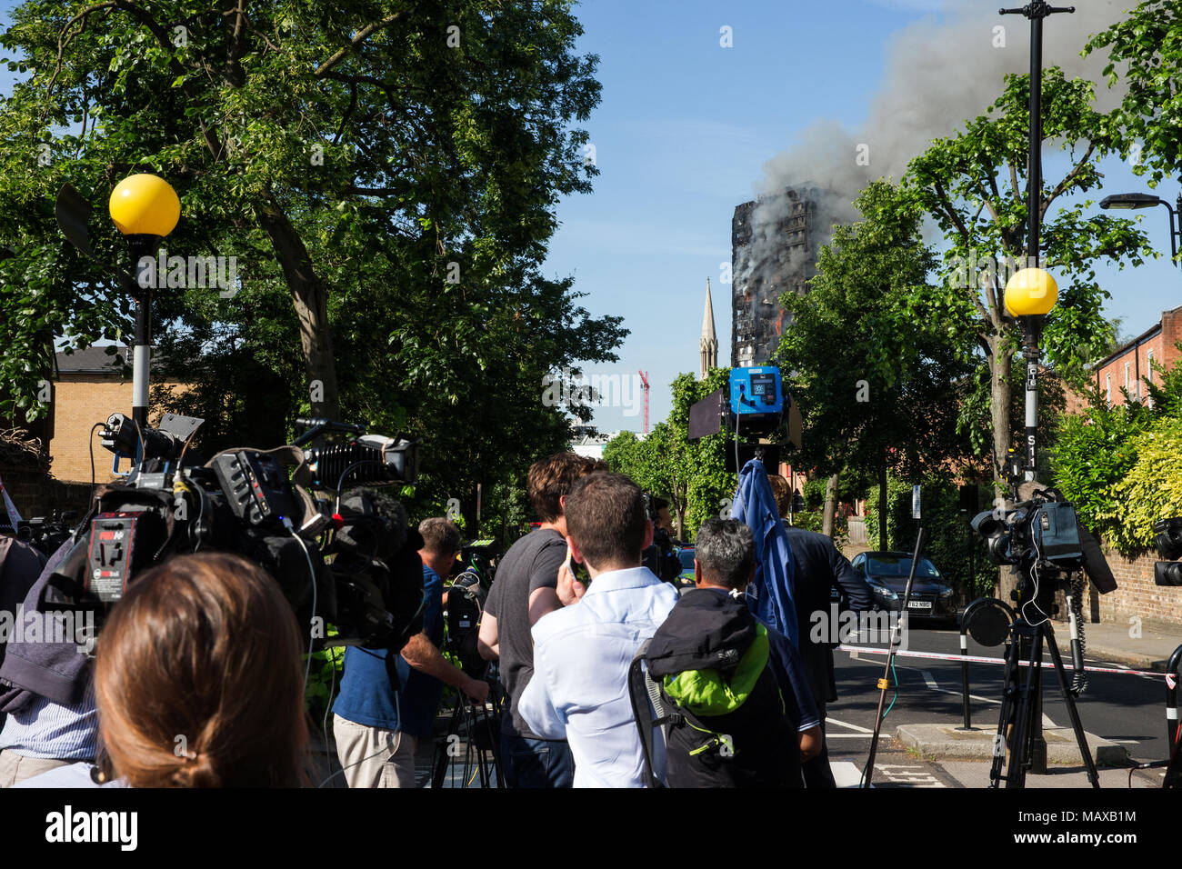 Press crews at the Grenfell Tower fire on 14 June 2017 in North ...