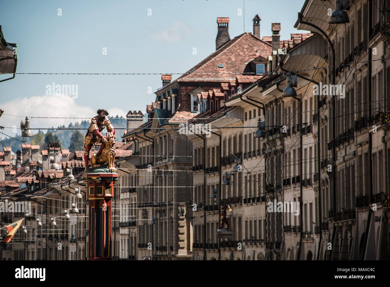 City view of Bern Switzerland with houses and the statue of Samson and ...