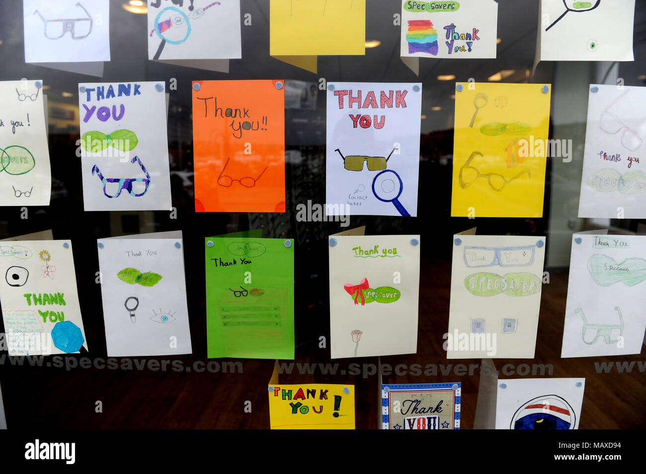 Thank you cards in Specsavers opticians window display in Whitby, North ...