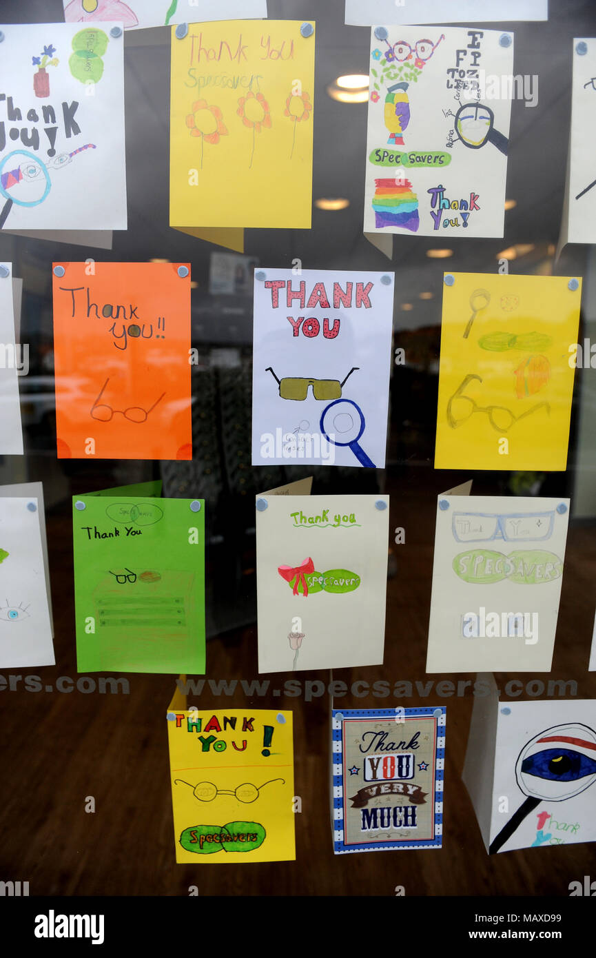 Thank you cards in Specsavers opticians window display in Whitby, North ...