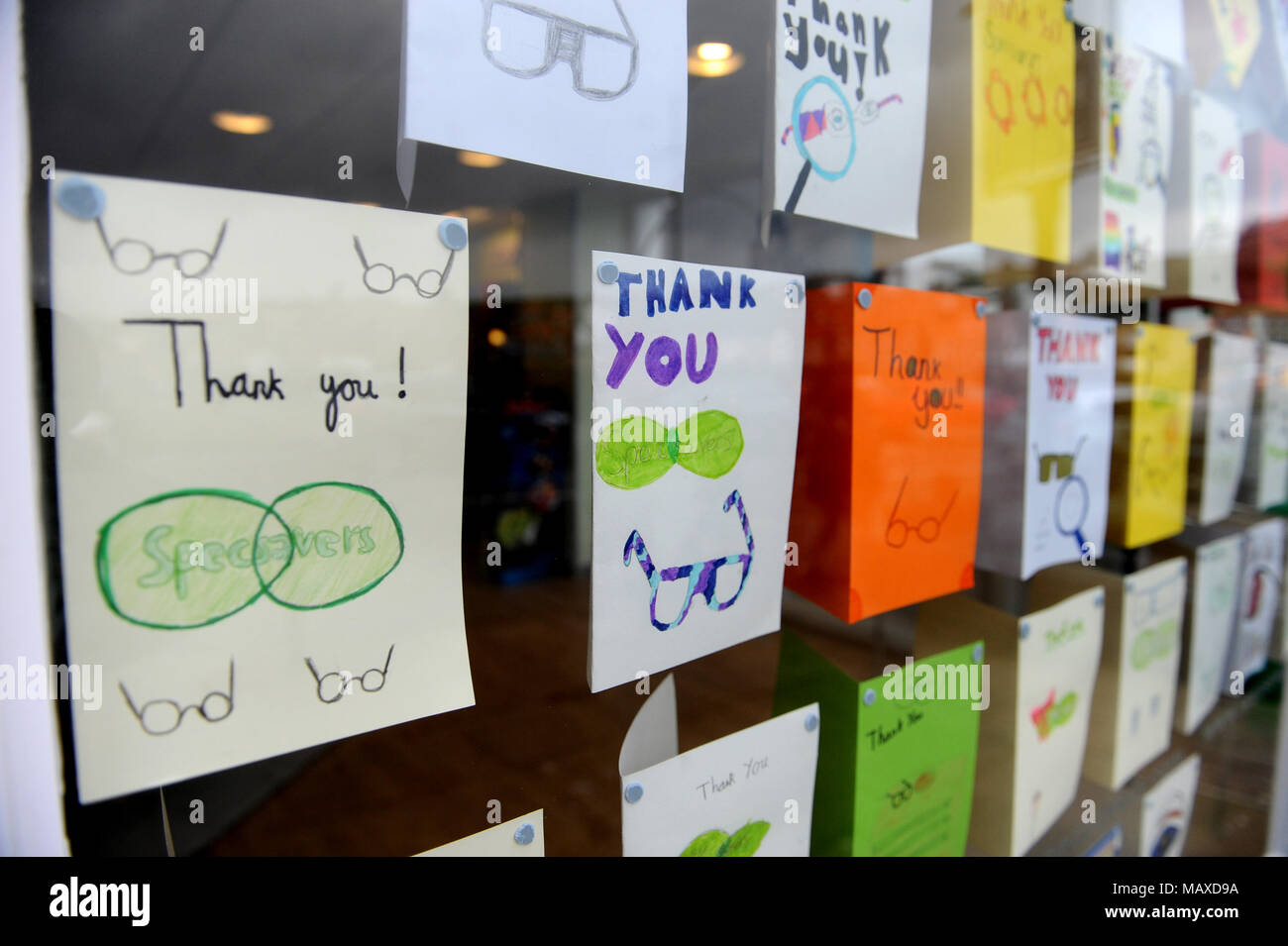 Thank you cards in Specsavers opticians window display in Whitby, North ...