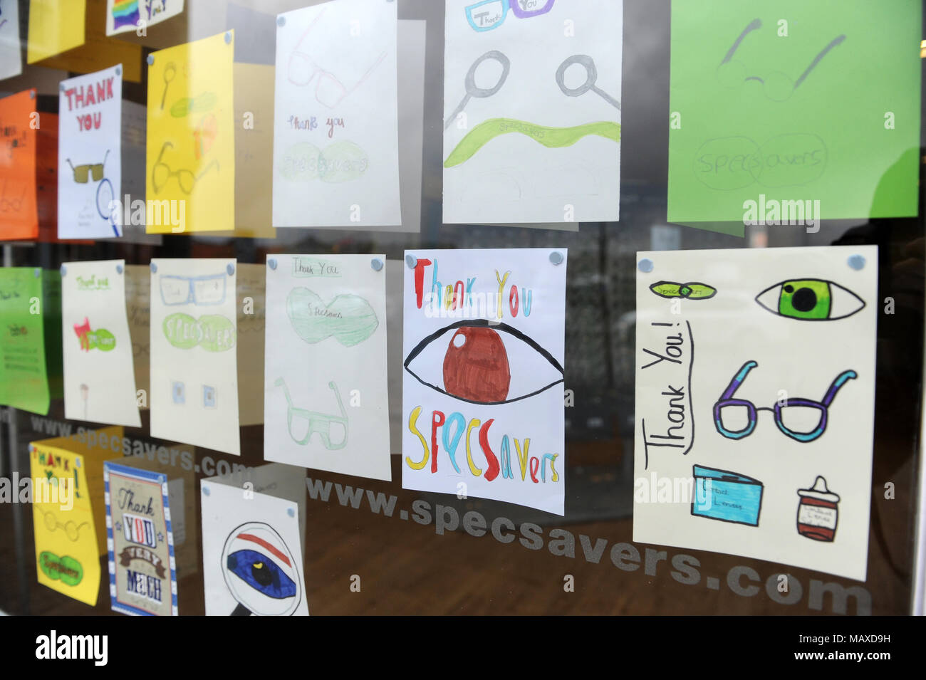 Thank you cards in Specsavers opticians window display in Whitby, North ...