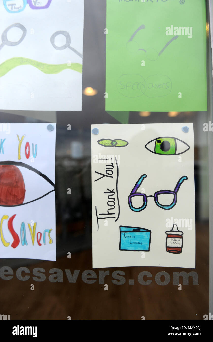 Thank you cards in Specsavers opticians window display in Whitby, North ...