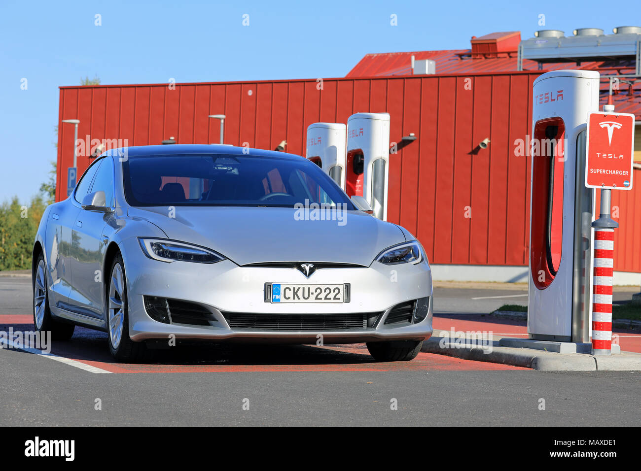 TOIJALA, FINLAND - SEPTEMBER 24, 2017: Silver Tesla Model S electric ...