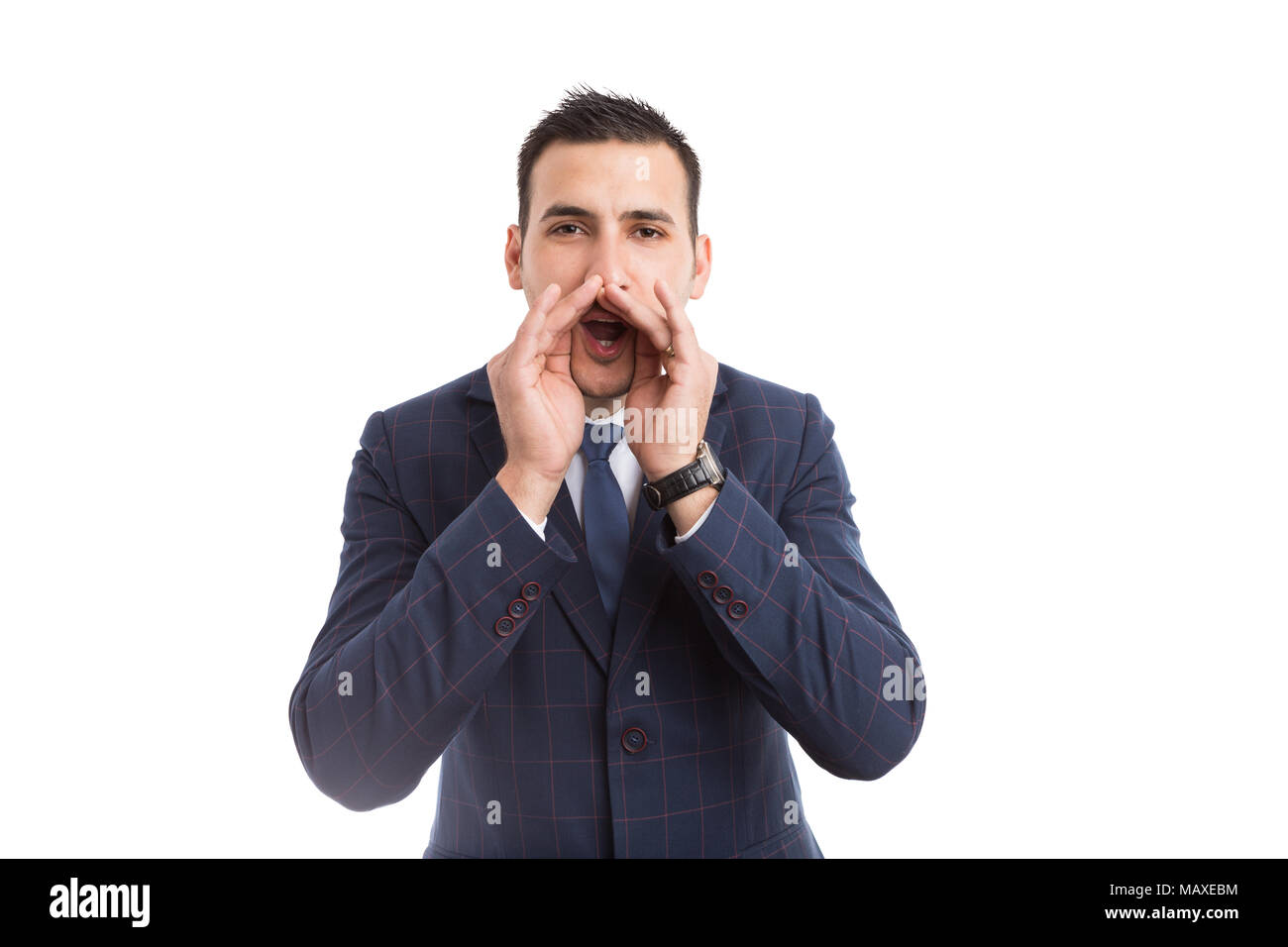 Young businessman or boss shouting as loud scream concept isolated on ...