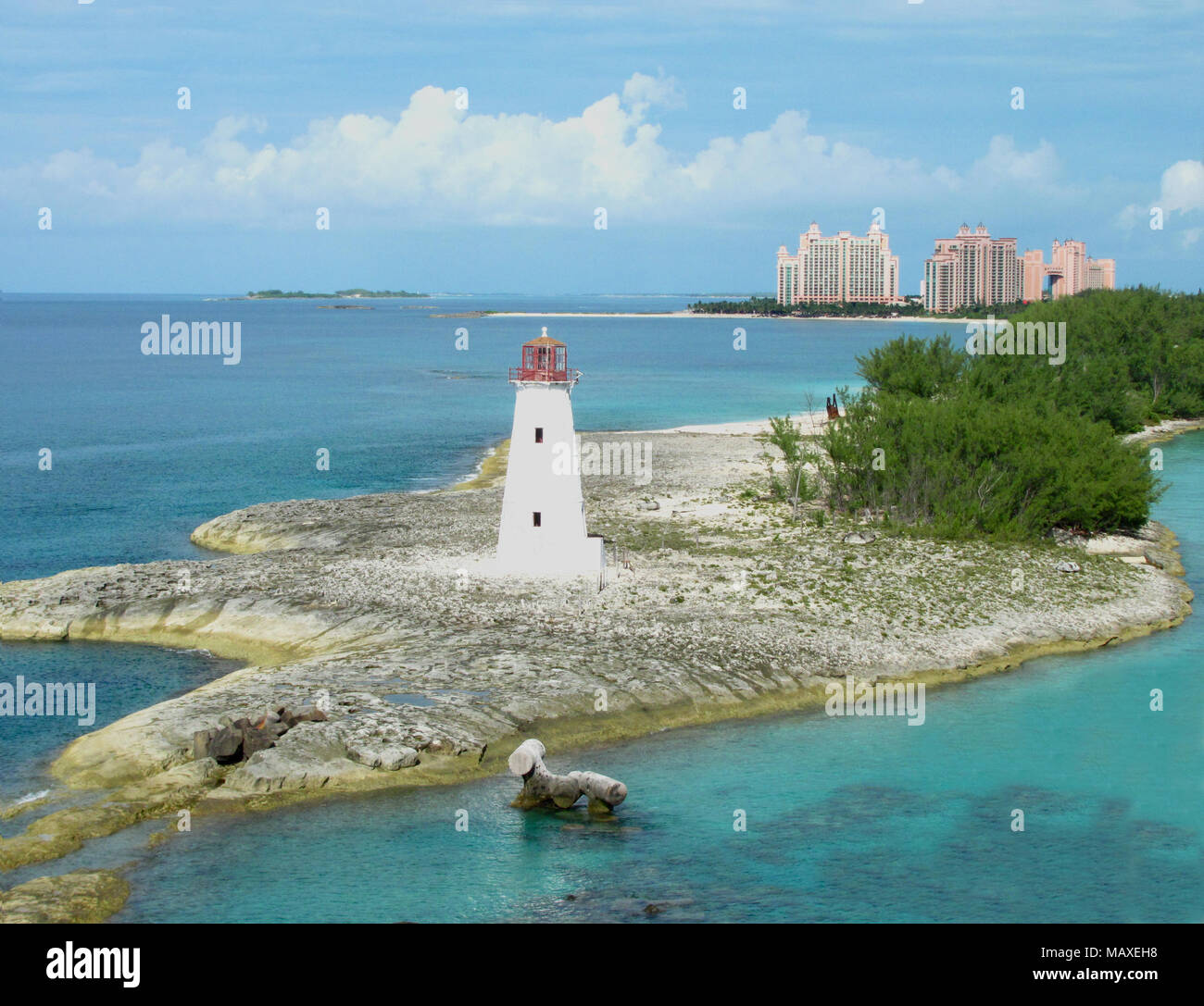 Caribbean Lighthouse with Paradise Island in the background Stock Photo ...