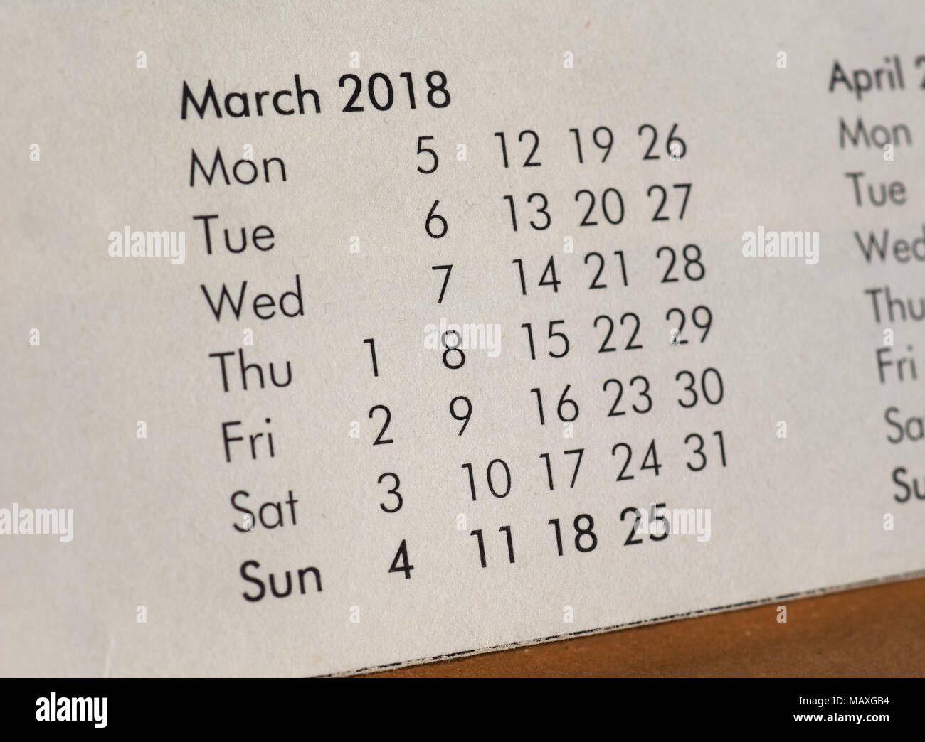detail of a calendar page with dates Stock Photo - Alamy