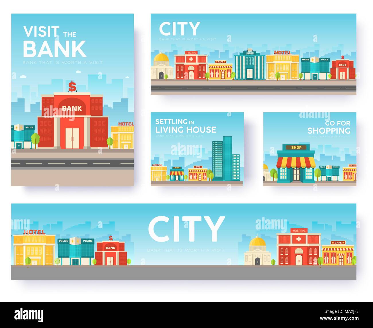 Building city information cards set. Architecture template of flyear ...