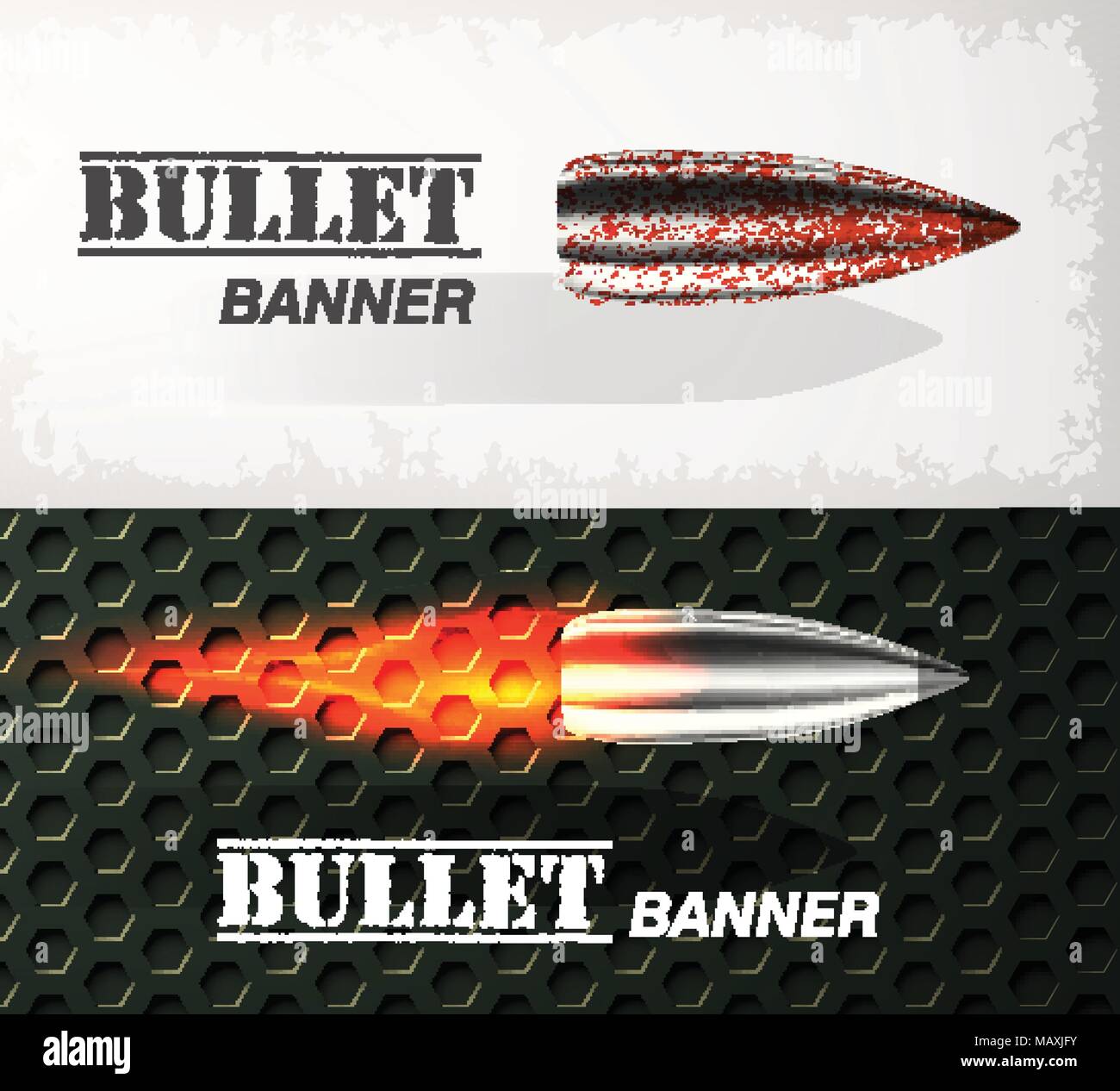 Banner of flying bullet ob military background concept. Danger vector ...