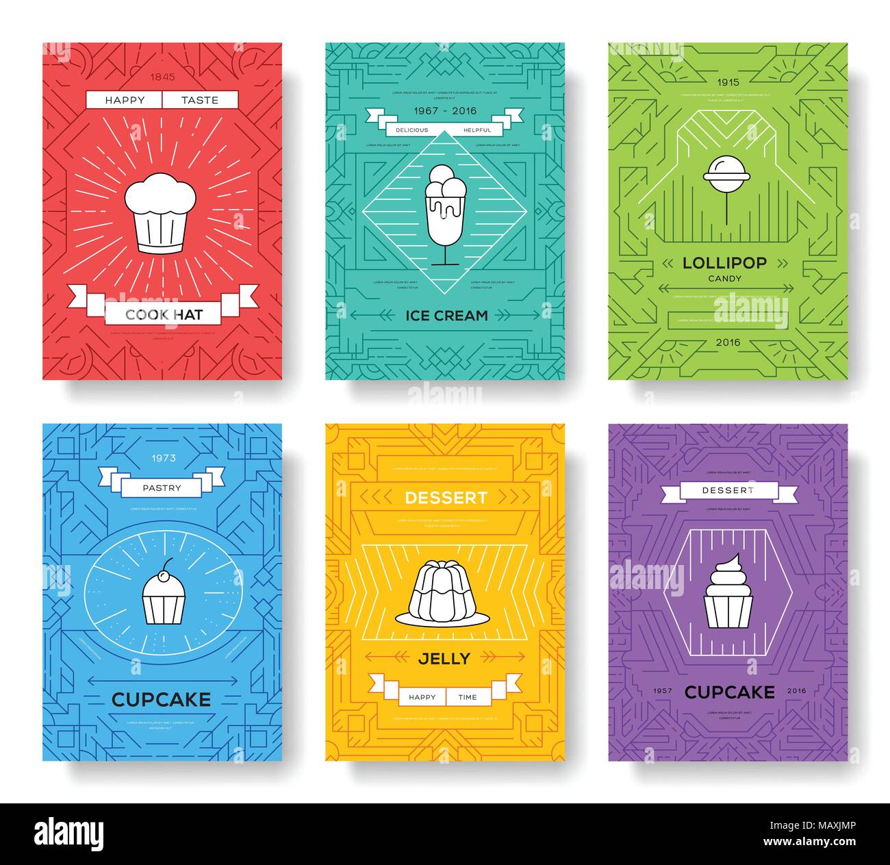 Cake thin line brochure cards set. happy birthday traditional template ...