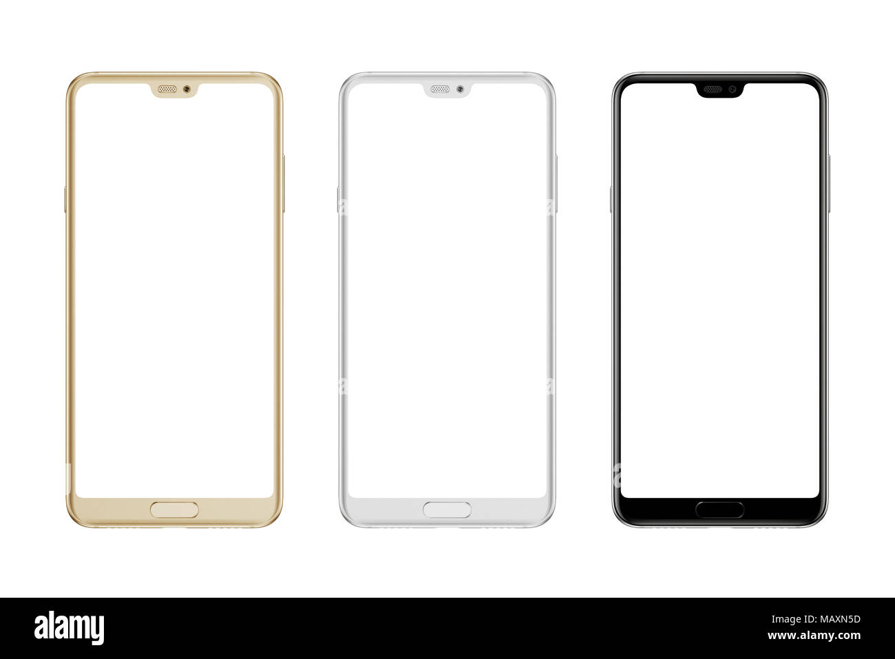 Modern smart phone in gold; silver and black color. Isolated screen and ...