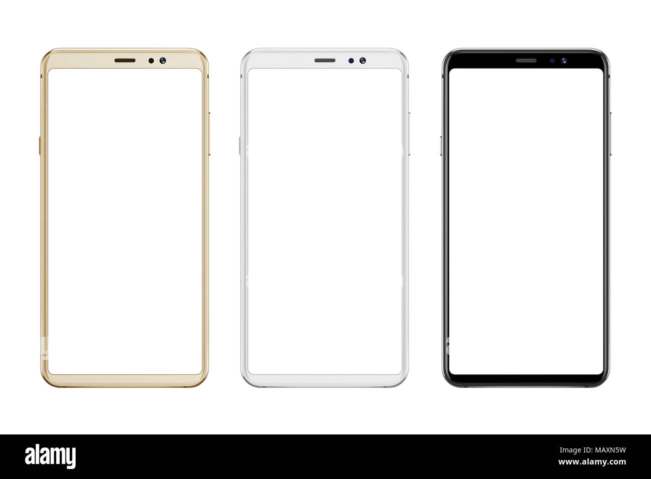 Mobile phone with round edges in three colors. Isoalted screen and ...