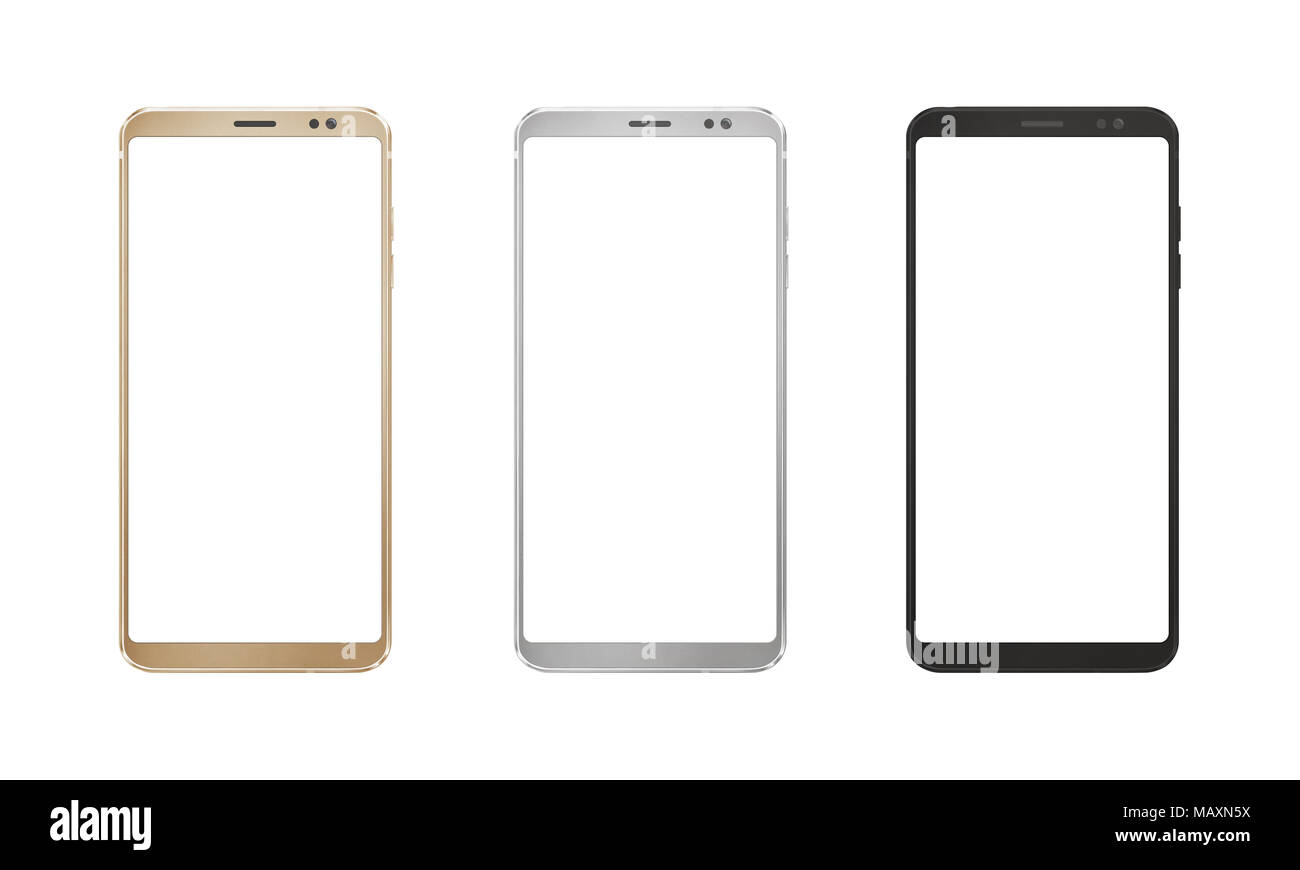 Gold, silver and black smart phone with round edges on isolated white ...