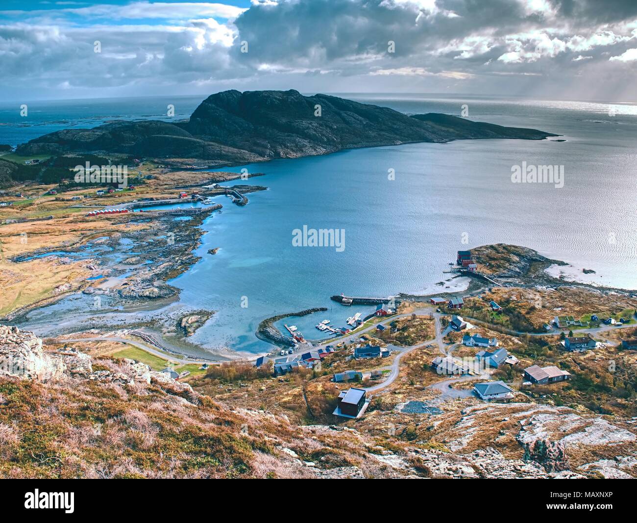 Norway Scandinavia landscape. Aerial view to bay with fishing village ...
