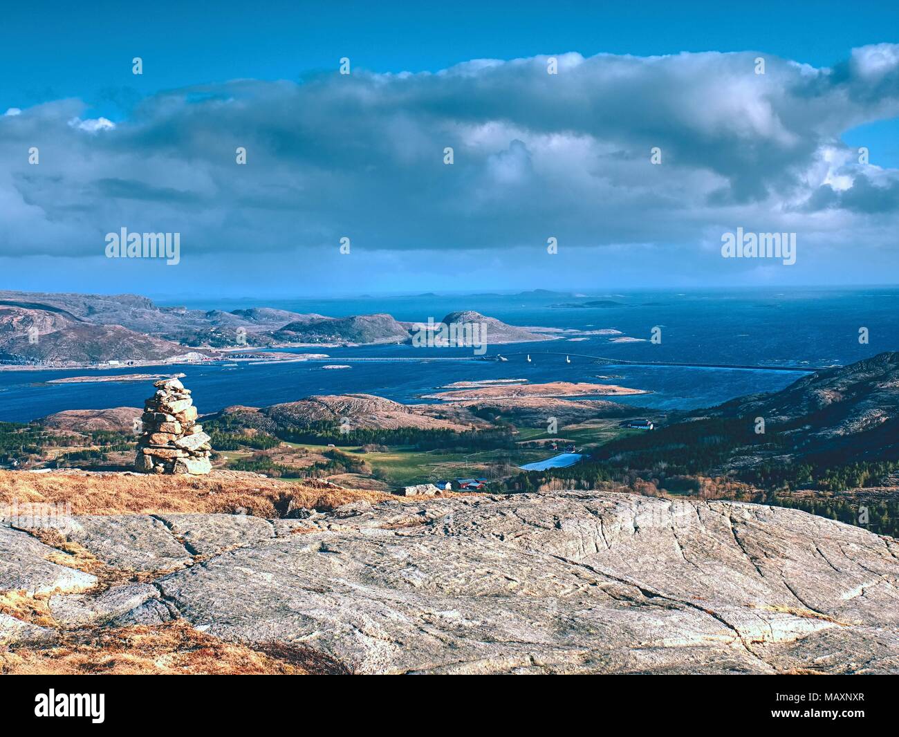 Norway Scandinavia landscape. Aerial view to bay with fishing village ...